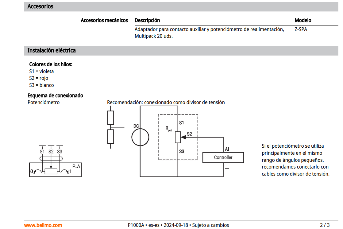 MODULO POTENCIOMETRICO PARA ACTUADORES BELIMO – MODELO: P1000A – MODULO 1 K